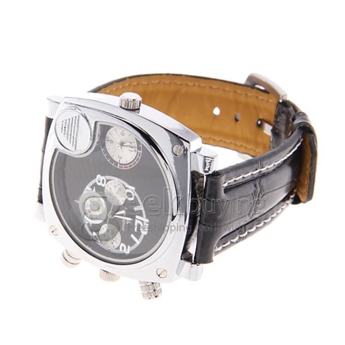 V6 Men's Analog PU Double Movemenet Quartz Wrist Watch - Black