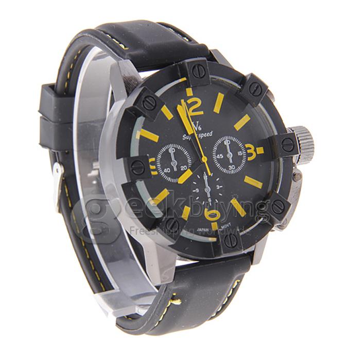 V6 Men's Analog Round Dial Black Silicone Band Quartz Watch