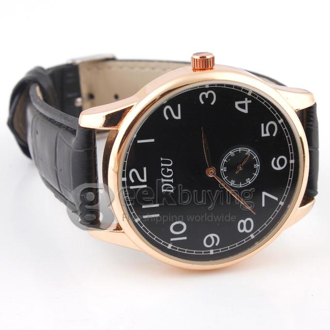 Gold Case Round Dial Black Leather Band Unisex Quartz Watch