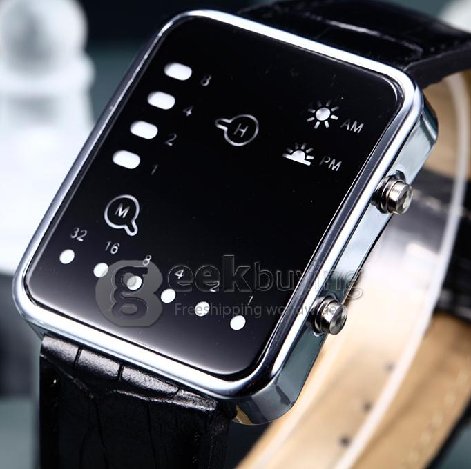 Unisex LED Binary System Display Wrist Watch with PU Watchband