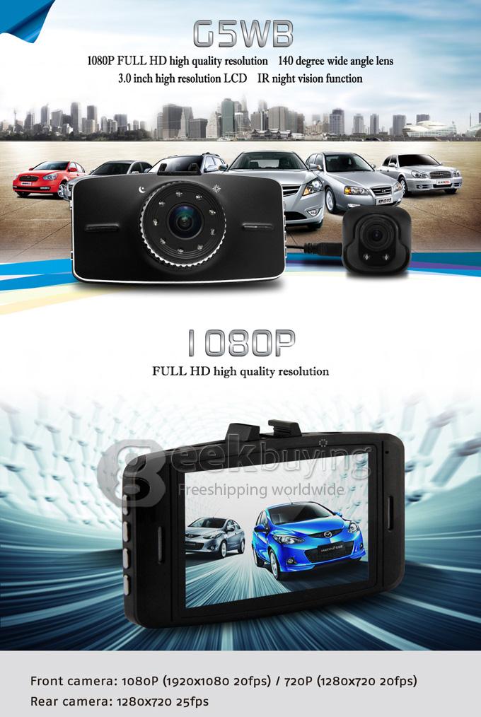 G5WB Allwinner A10 Dual Lens 1080P+720P 3.0" 140 Angle Car DVR IR