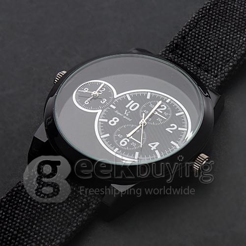 Men's Fabric Band Black Dial 2 Time Zone Analog Quartz Watch