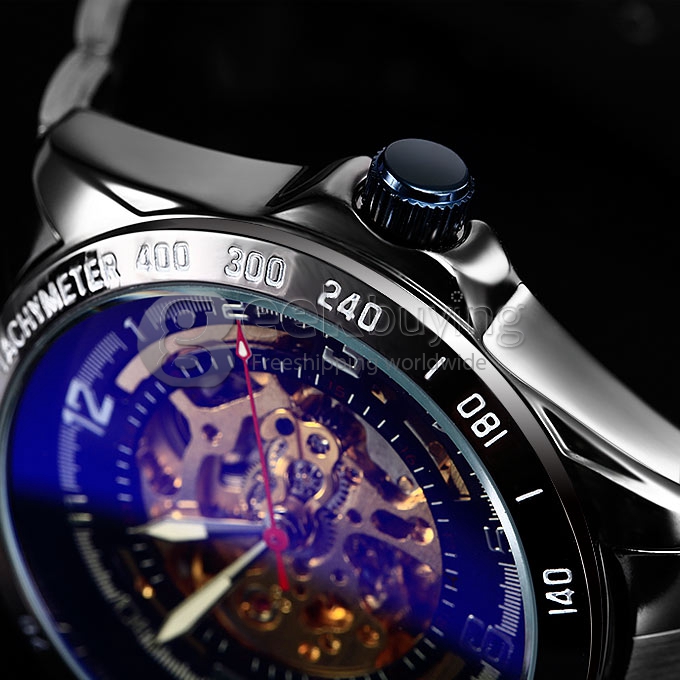 Men's Auto Mechanical Gold Dial Black Steel Band Analog Wrist Watch