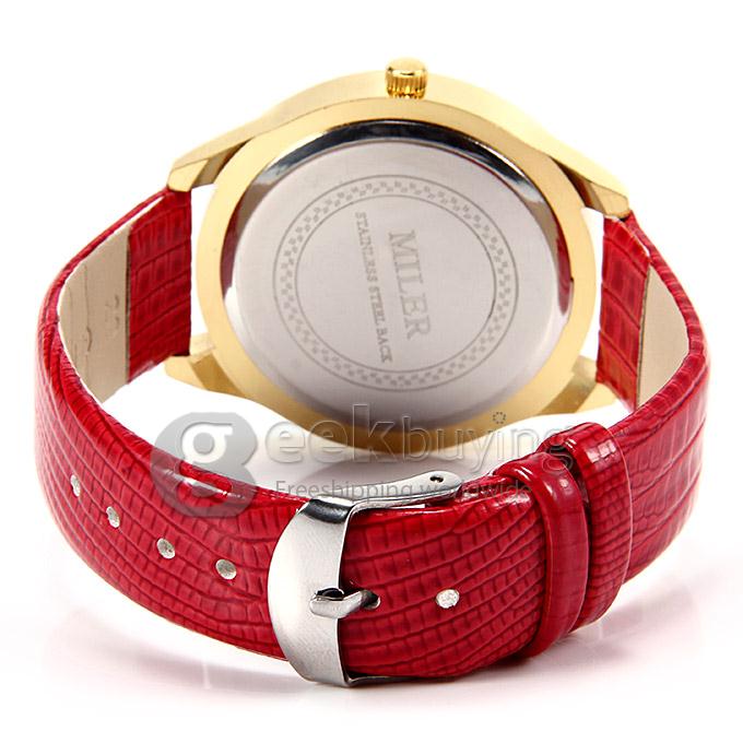 MILER A8235 Unisex Gold Case Leather Quartz Watch with Diamond