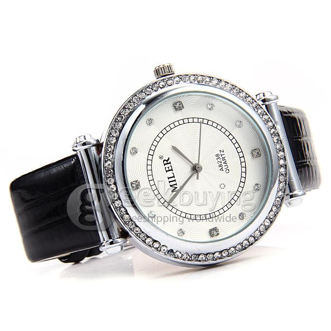 MILER A8238 Unisex Silver Case Leather Quartz Watch with Diamond