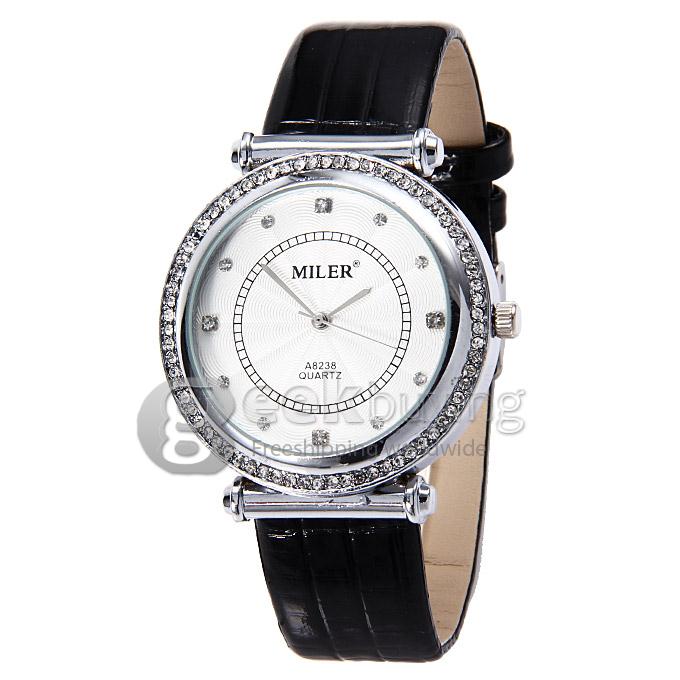MILER A8238 Unisex Silver Case Leather Quartz Watch with Diamond