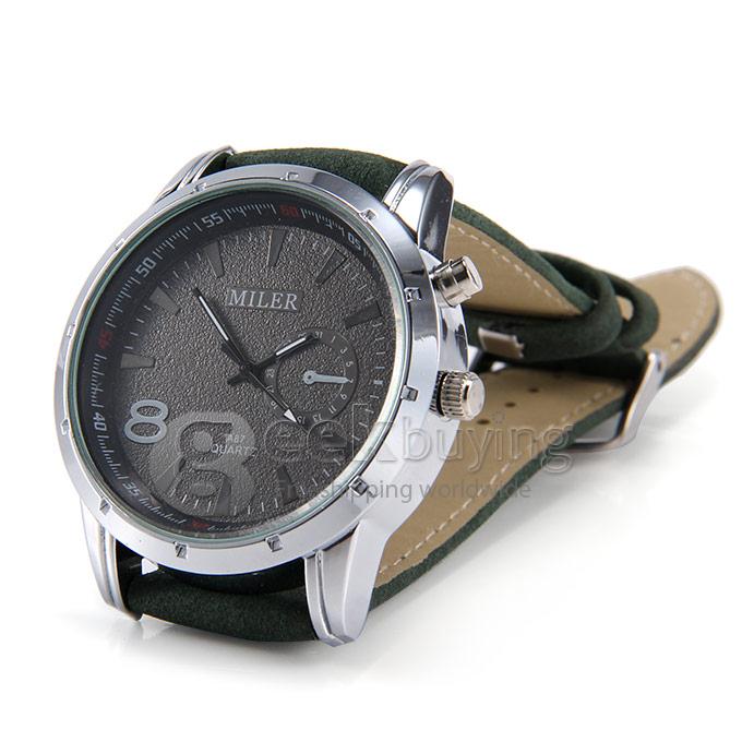 MILER A87 Unisex Black Case Leather Strap Analog Quartz Watch