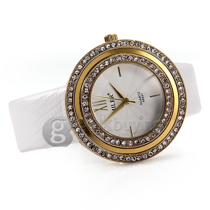 MILER A8241 Unisex Gold Case Leather Quartz Watch with Diamond