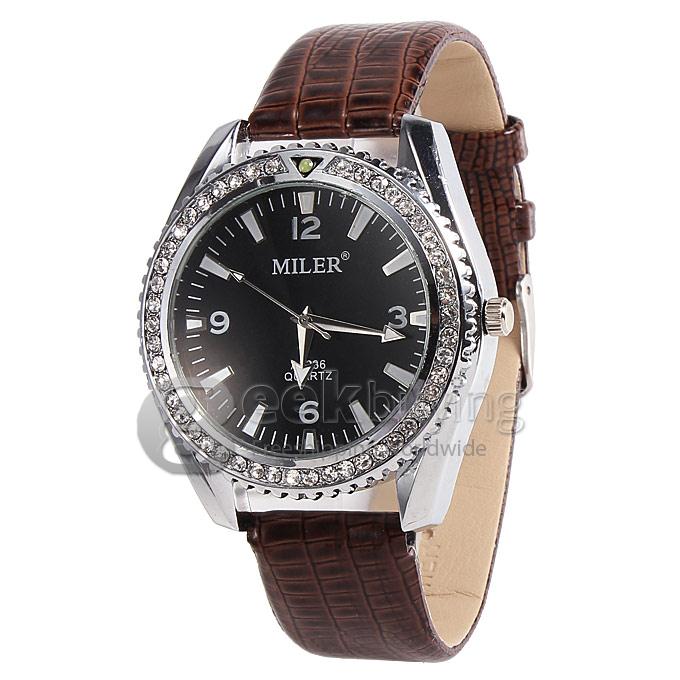 MILER A8236 Unisex Silver Case Leather Quartz Watch with Diamond