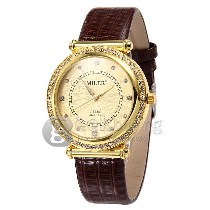 MILER A8238 Unisex Gold Case Leather Quartz Watch with Diamond