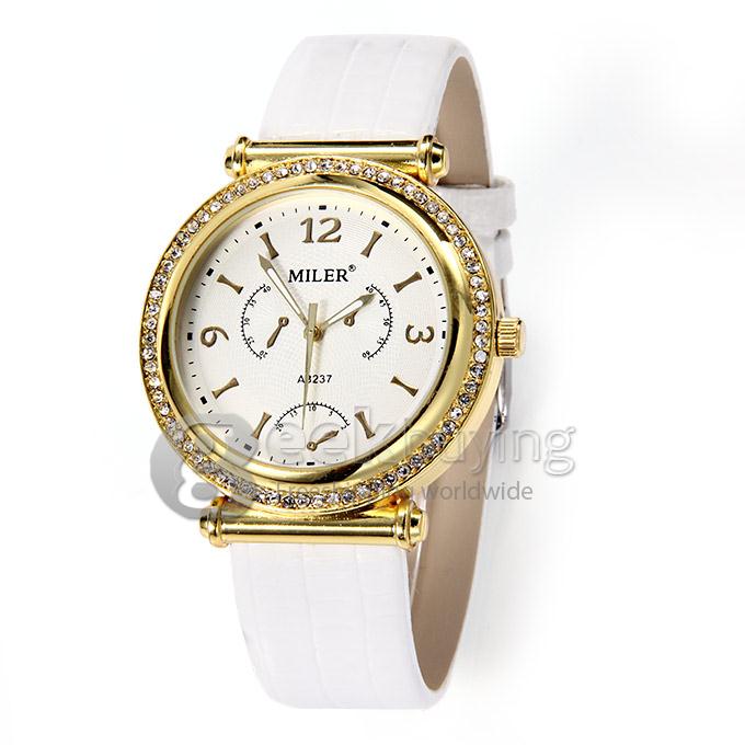 MILER A8237 Unisex Gold Case Leather Quartz Watch with Diamond