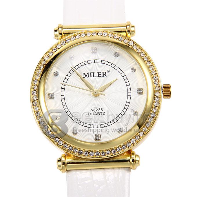 MILER A8238 Unisex Gold Case Leather Quartz Watch with Diamond
