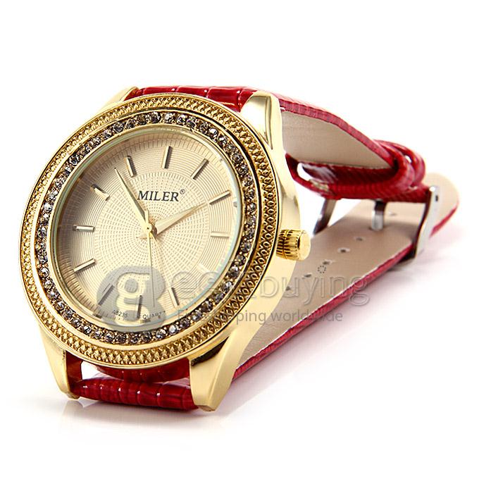 MILER A8235 Unisex Gold Case Leather Quartz Watch with Diamond