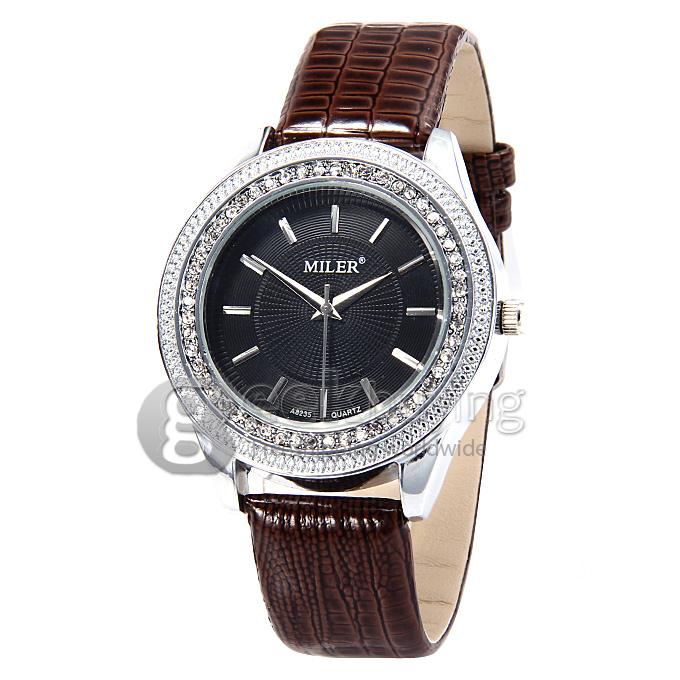 MILER A8235 Unisex Gold Case Leather Quartz Watch with Diamond