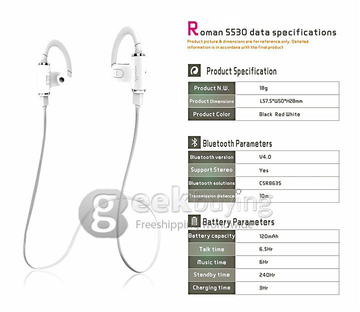 ROMAN S530 Wireless Bluetooth Headphone 4.0 Sport Sweatproof Earbuds