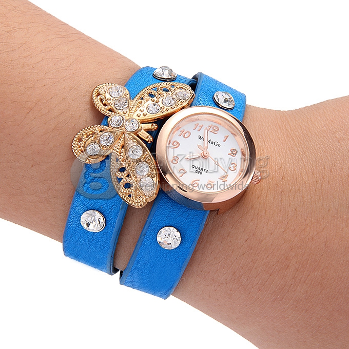 PL128 New Fashion Butterfly Rivet Bracelet Watch Women Leather Wrist ...