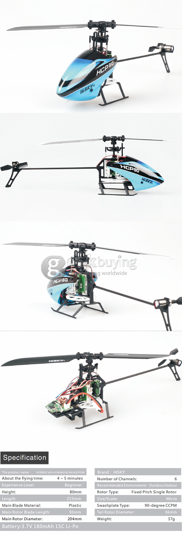 Hisky HCP80 V2 6CH RC Helicopter 3D 6 Axis Gyro With HT-8