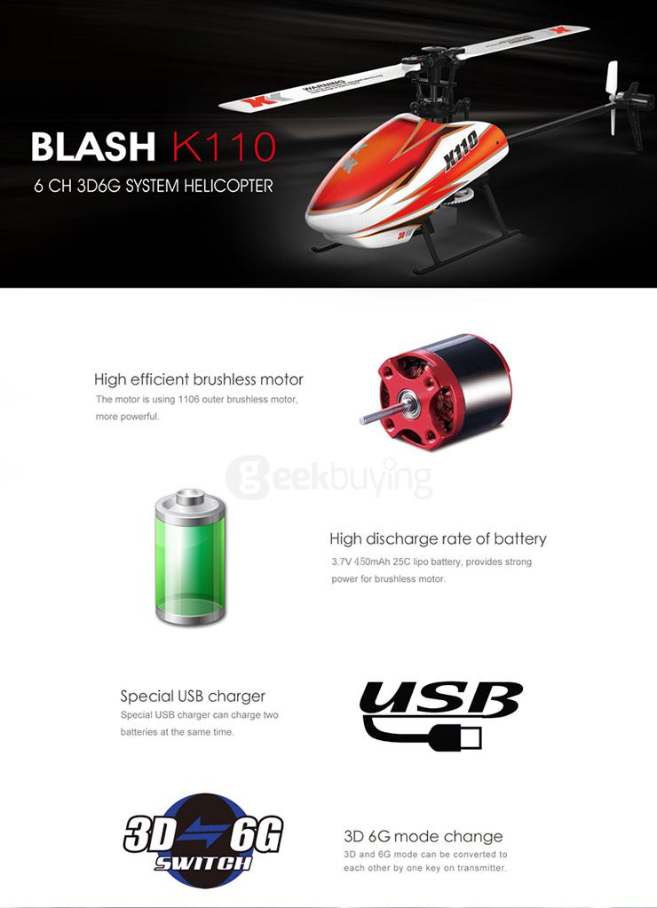 XK K110 6CH RC Helicopter Brushless 3D Aerobatics 6G System Copter RTF