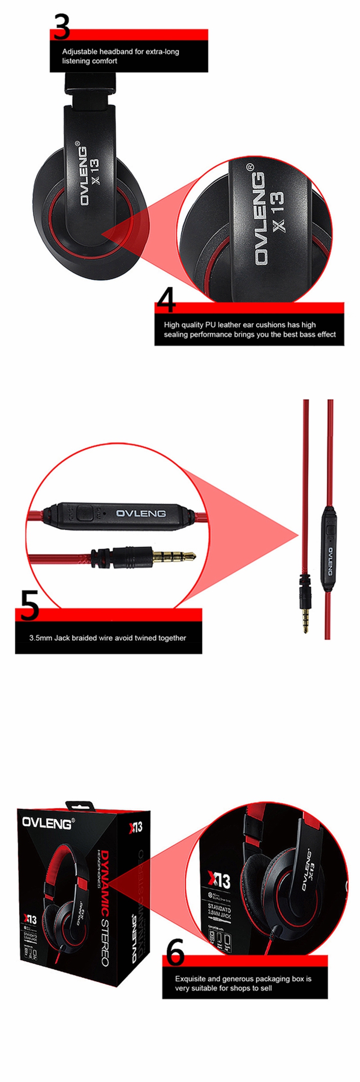 OVLENG X13 Wired 3.5mm Headphones Wire Control Computer Headset