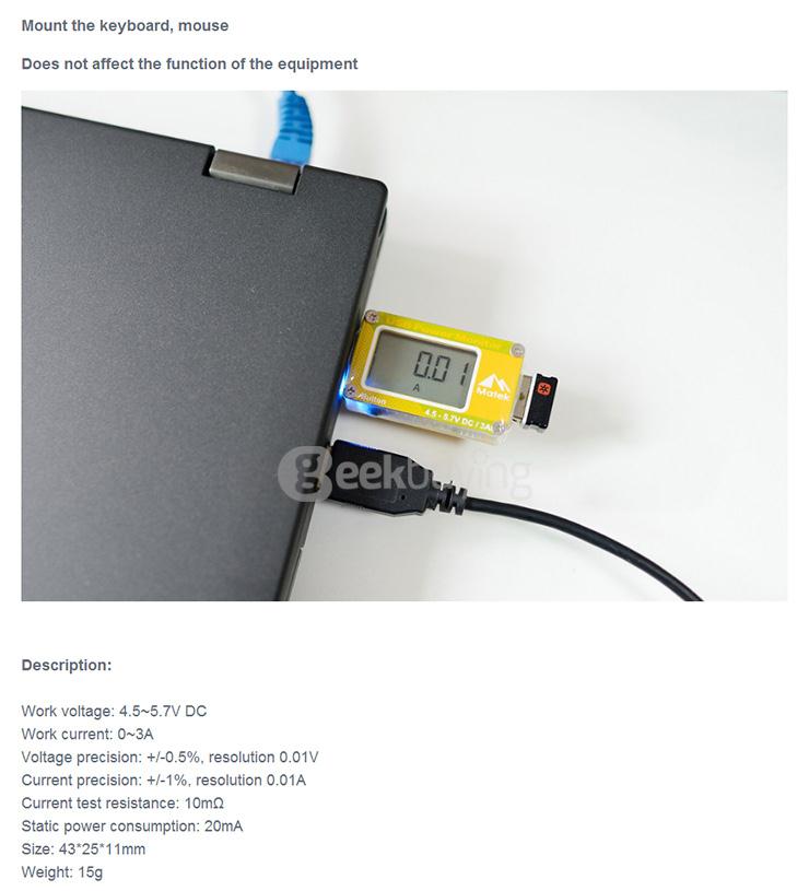 Matek USB LCD Display Voltmeter Ampere Meter Power Capacity Tester