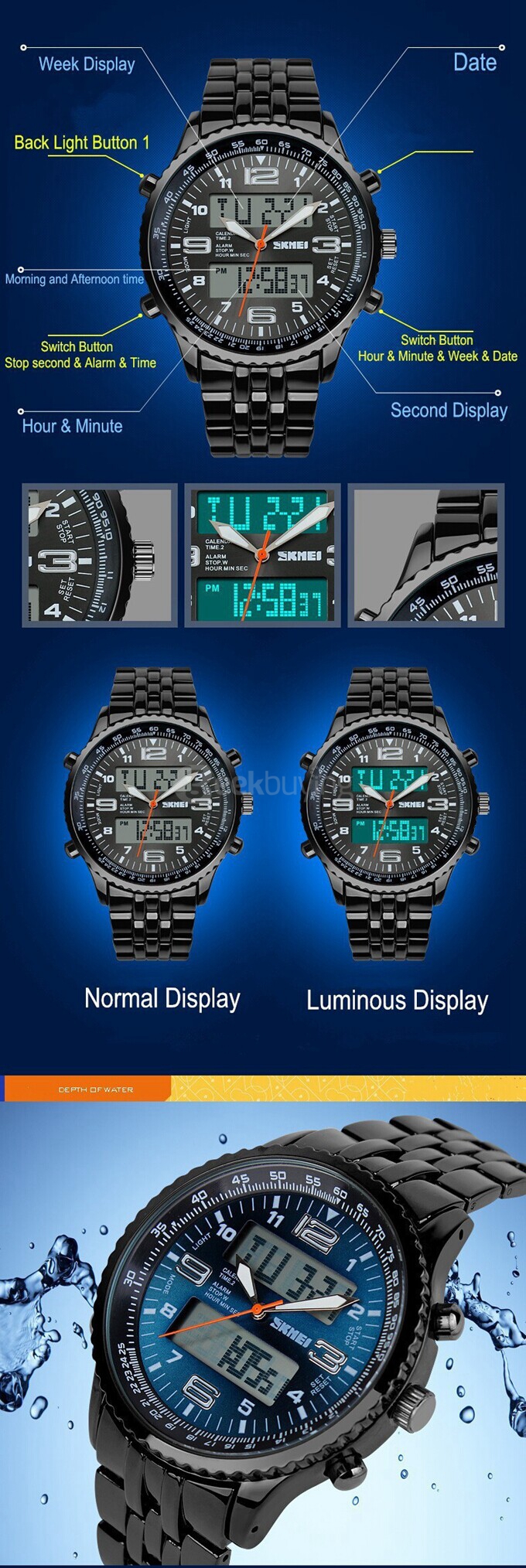 SKMEI 1032 Multifunction LED Digital Anolog Men Military Quartz Watch