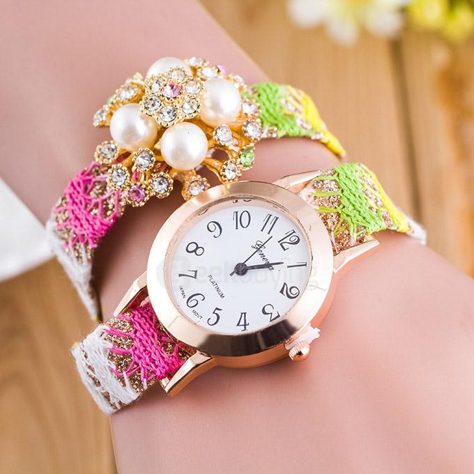 5710 No.6 Crown Pearl Knitted Watch Ethnic Bracelet
