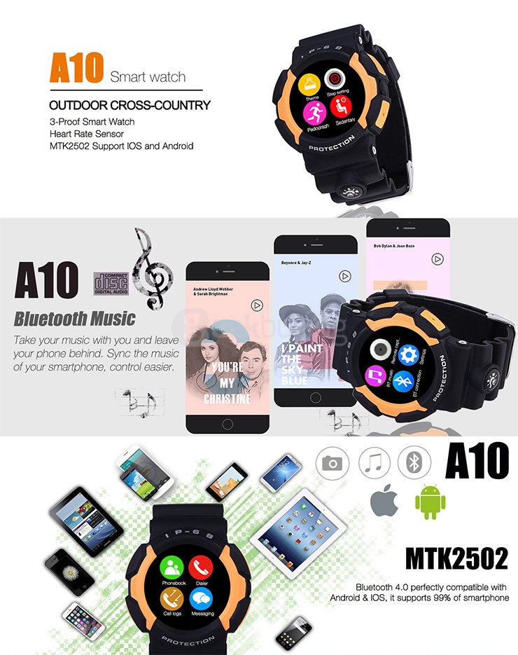 NO.1 A10 Bluetooth Outdoor Smart Watch MTK2502 Heart Rate