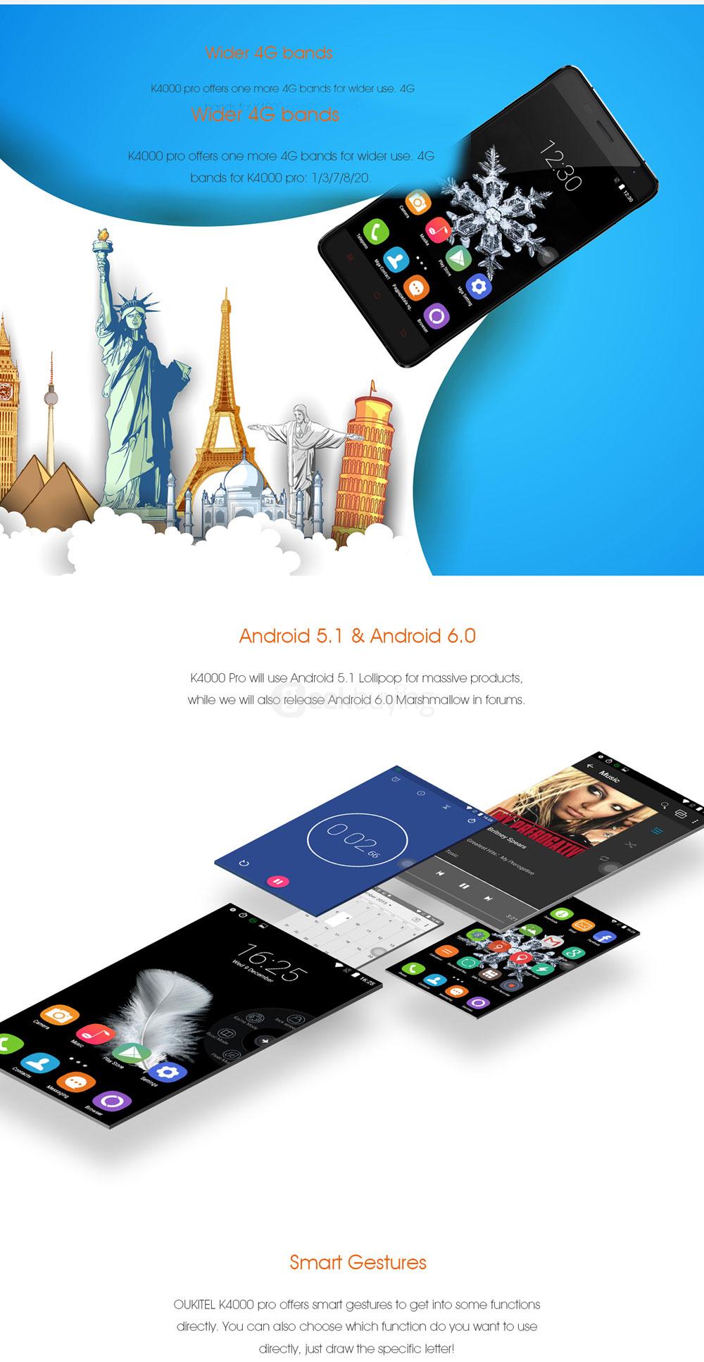 OUKITEL K4000 Pro 5.0inch 4G MT6735 4600mAh Android 5.1 Smartphone