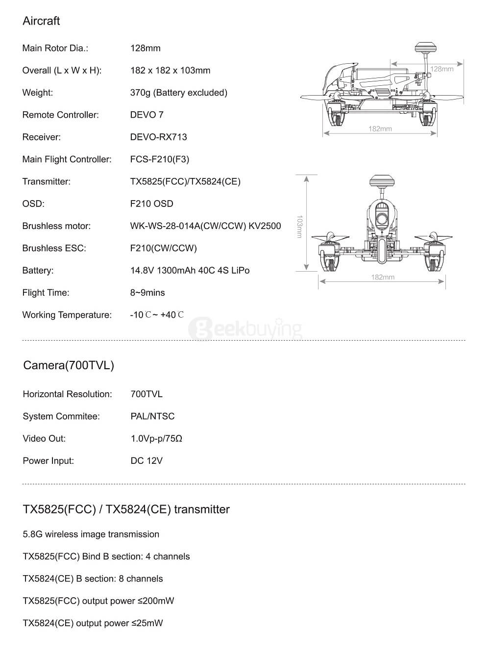 Walkera F210 5.8G FPV HD Camera SP Racing F3 Flight Controller
