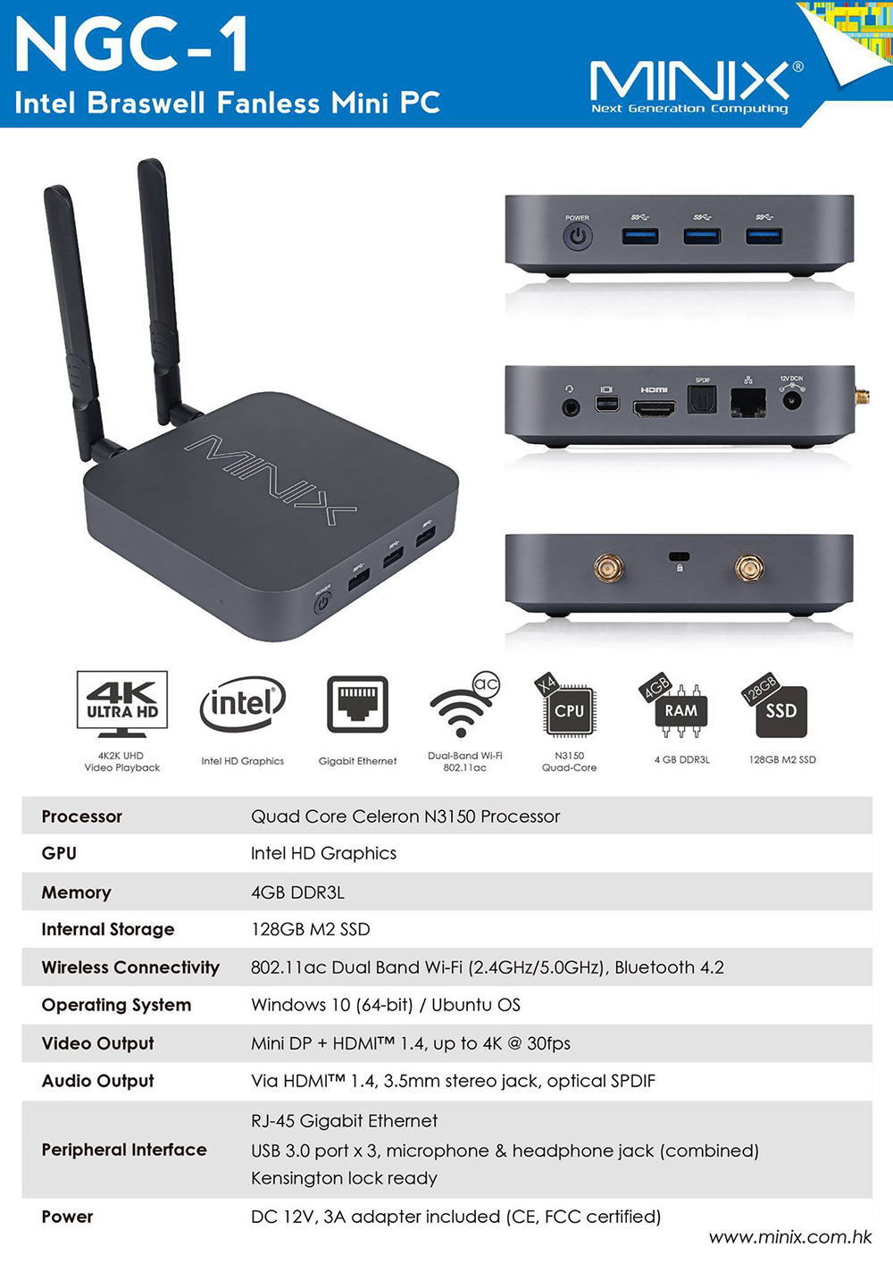 MINIX NGC-1 Celeron N3150 Windows 10 Home 64bit 4K MINI PC