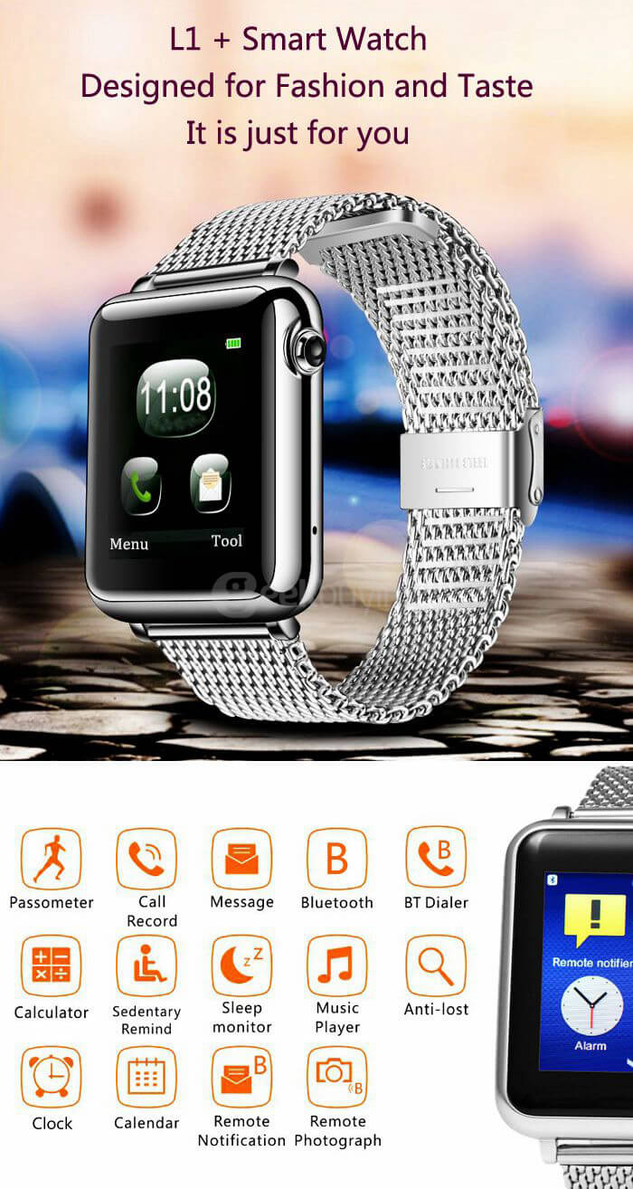 L1+ BT4.0 MTK2502C Smart Watch Dialer SMS Sleep Health Tracker