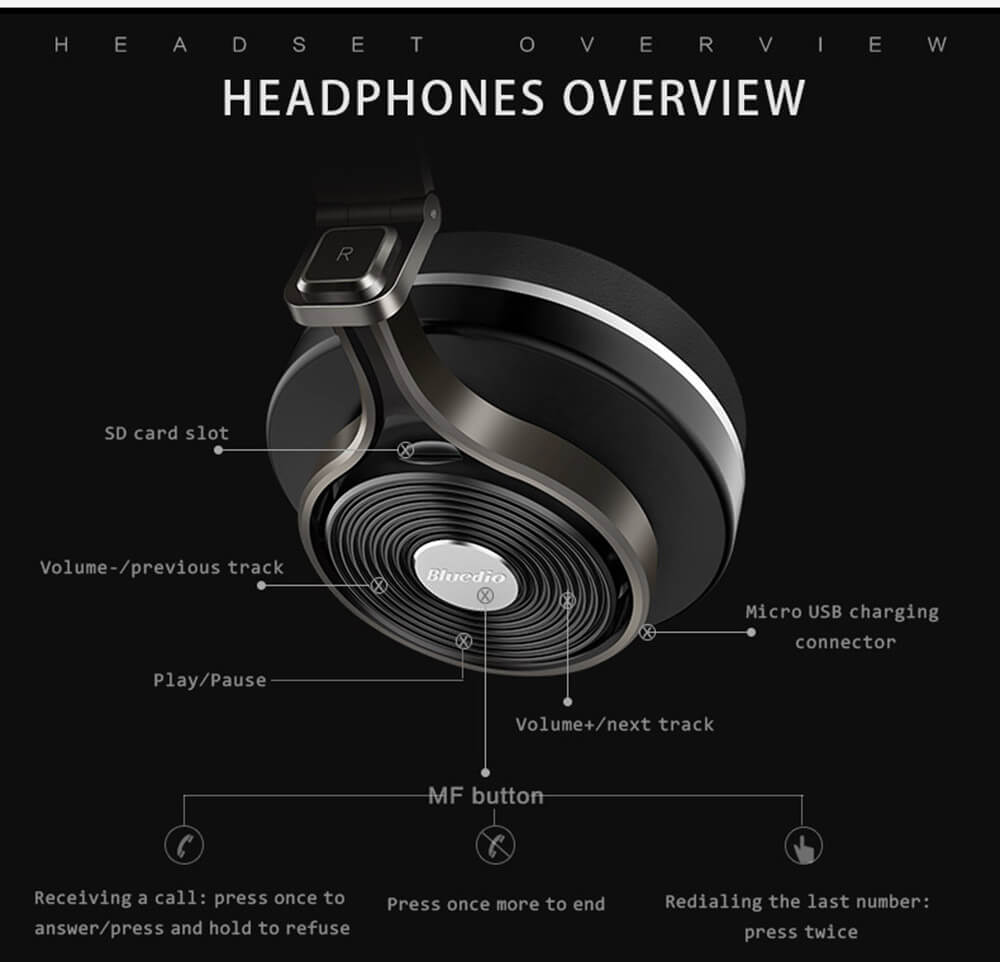 Bluedio T3 Bluetooth4.1 Bass Stereo Headset - Black