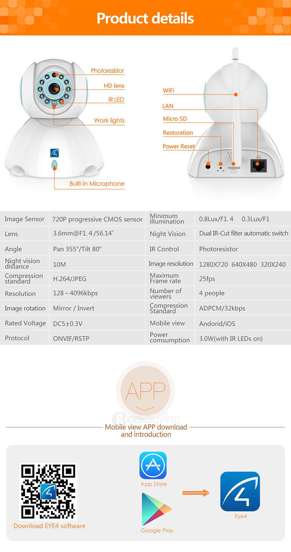 Vstarcam eye4 C7842WIP 720P HD WiFi IP Camera - White + Blue