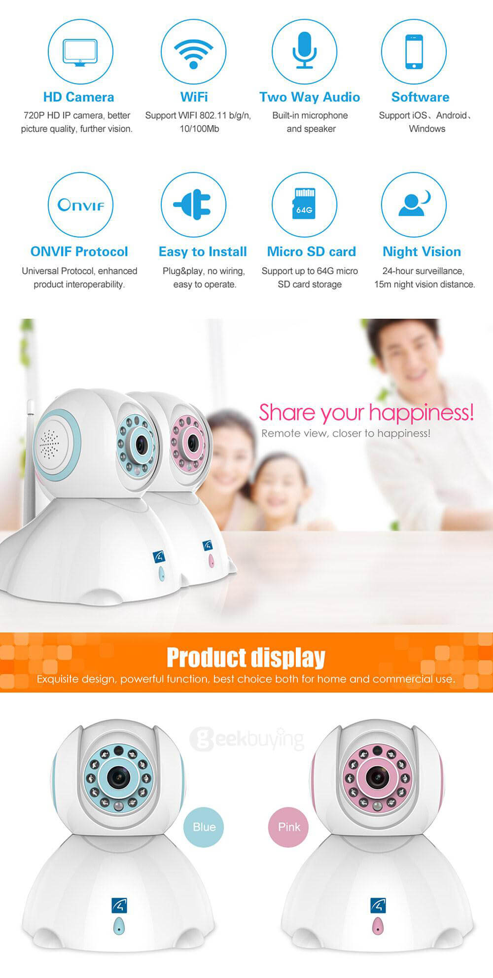 Vstarcam eye4 C7842WIP 720P HD WiFi IP Camera - White + Blue