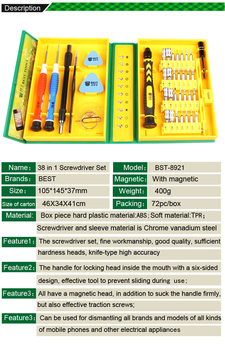 BEST-8921 38pcs Universal Repair Tool Kit Set For Electronics