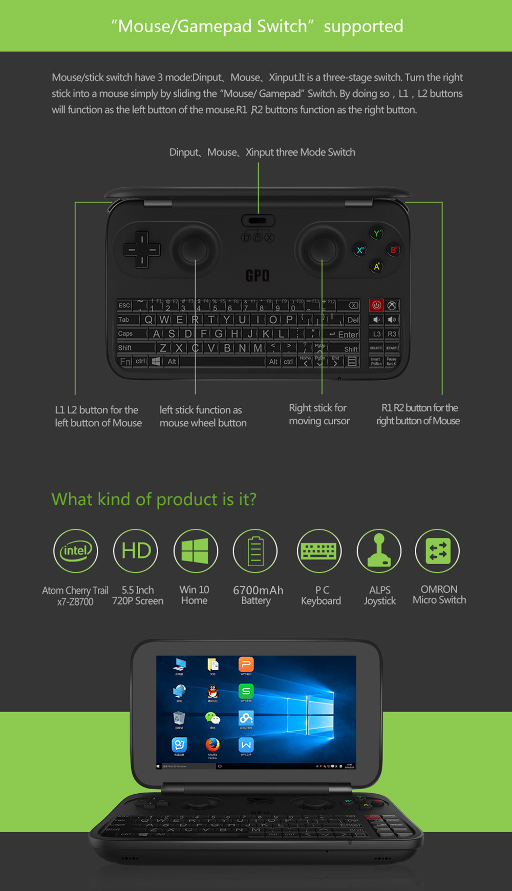 GPD Win Intel Z8500 Windows 10 4GB/64GB Gamepad Tablet PC - Black