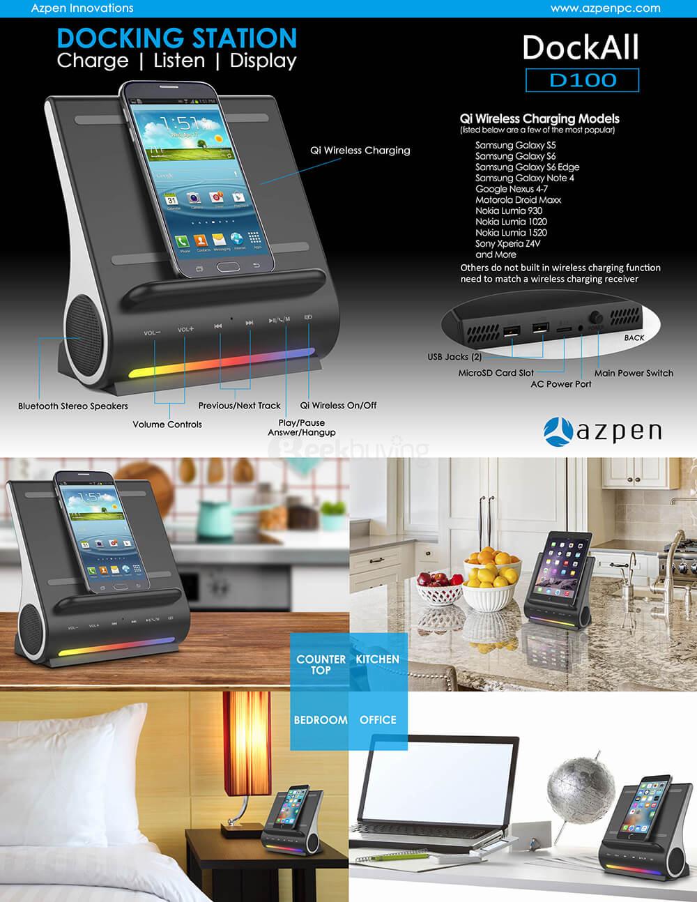 AZPEN DockAll D-100 Wireless Charger Bluetooth Speaker