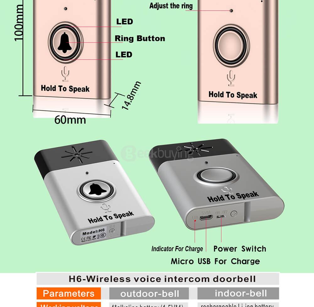 H6-1 Wireless Voice Intercom Doorbell Gold
