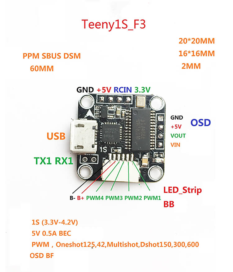 Teeny1S_F3 Brushless Flight Control Board with Built-in OSD BEC