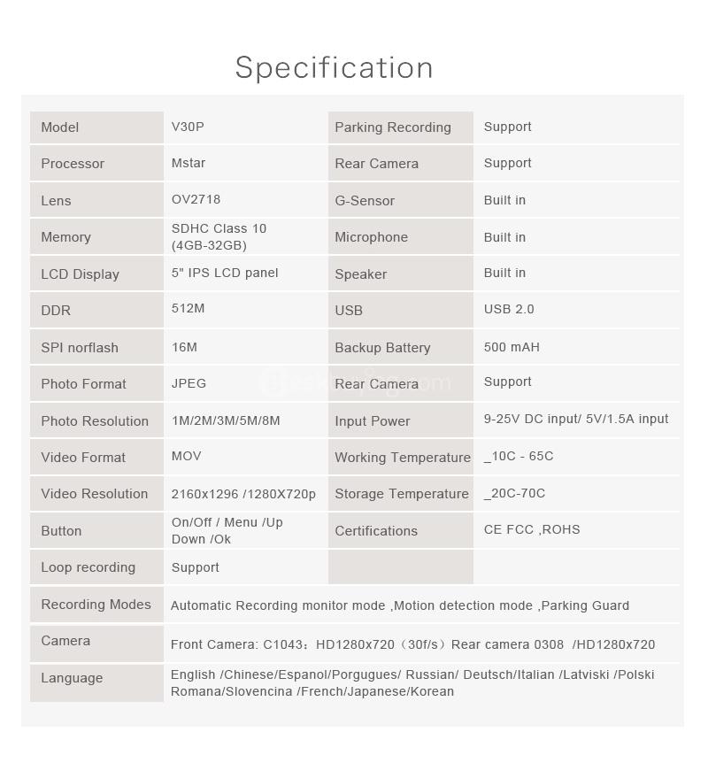 CARSUITE V30P Car DVR 1296P MSTAR Chipset -Black