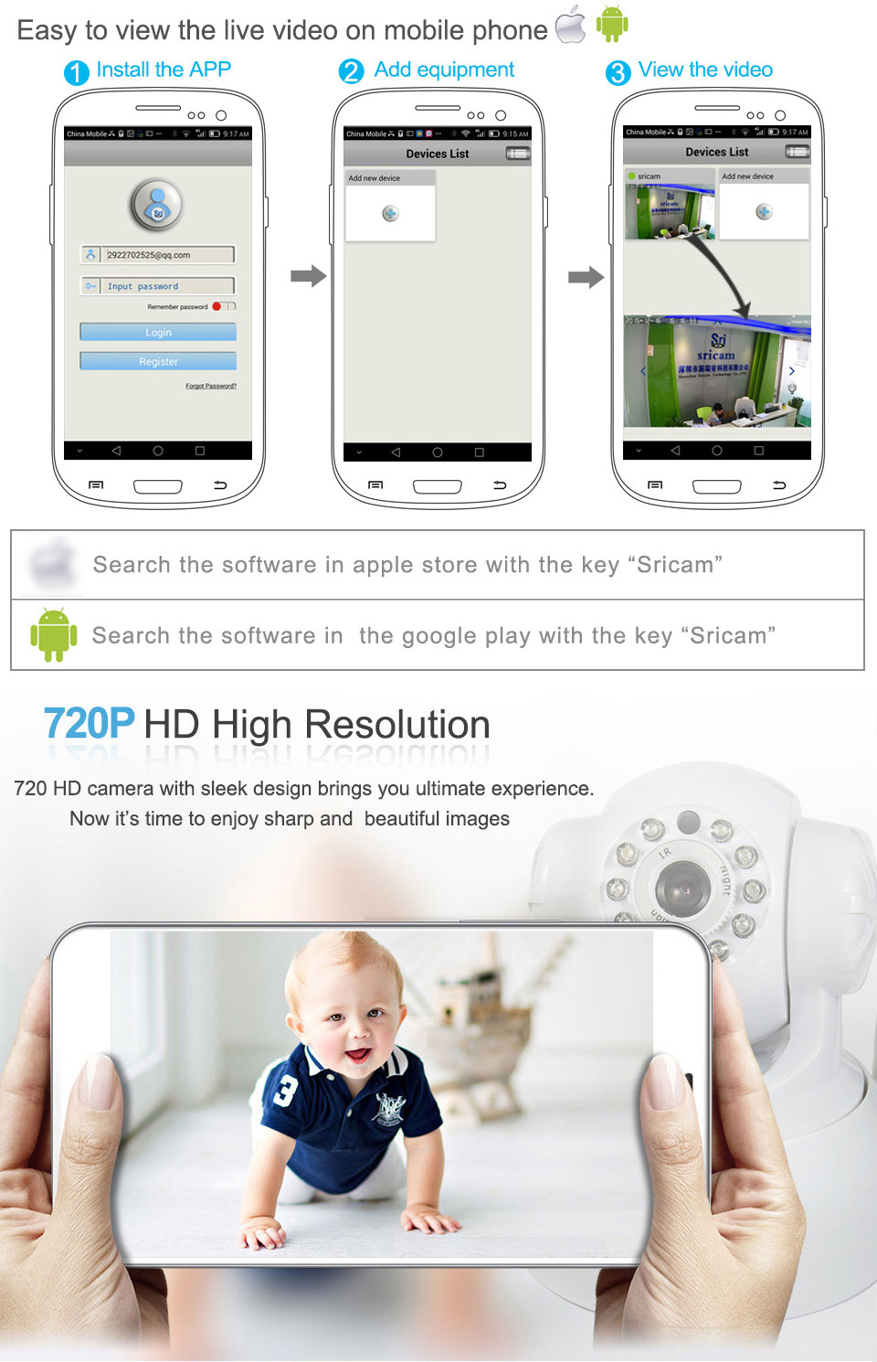 Sricam SP012 WiFi 720P IP Camera -White