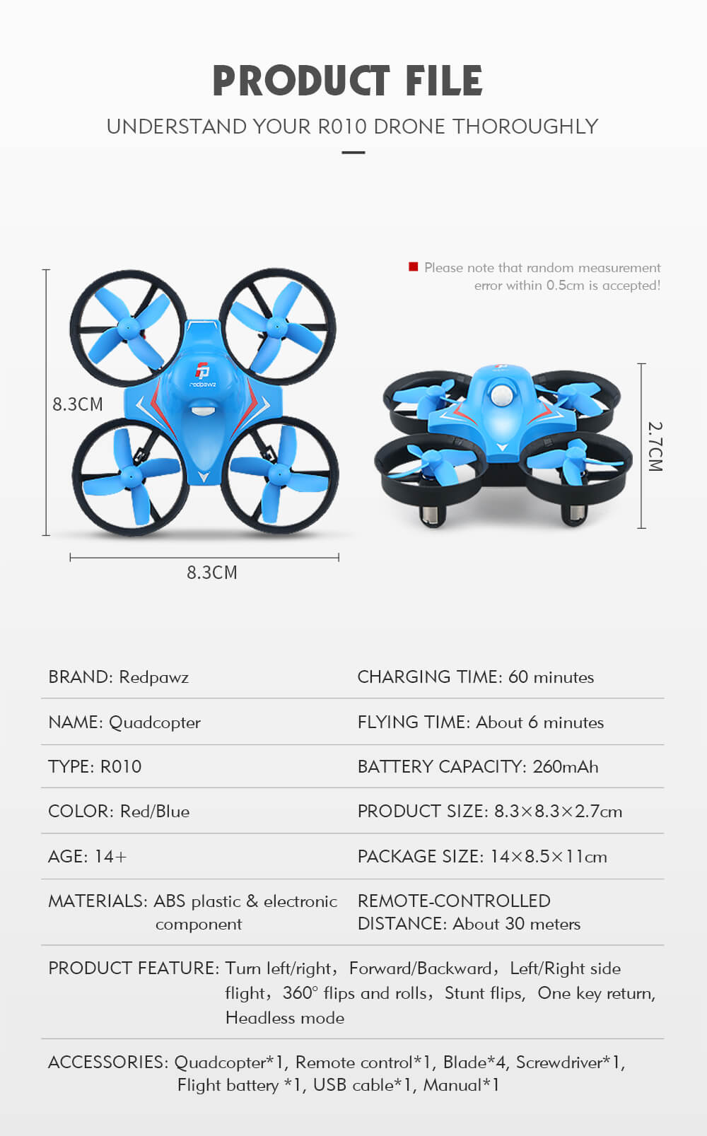 Redpawz R010 Mini Quadcopter RTF with Extra 260mAh Battery Blue