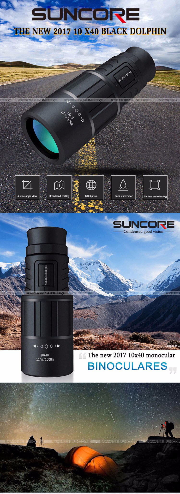 SUNCORE 10083 10x40 BLACK DOLPHIN High Definition Monocular Black