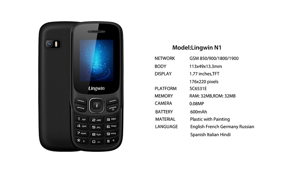 Lingwin N1 1.77 Inch 32MB 32MB Mobile Phone Black
