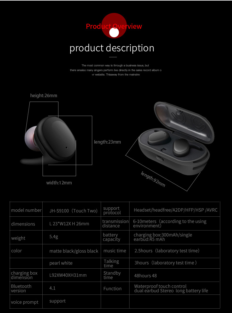 JH-S9100 Wireless Bluetooth Headphones with Charging Box Black