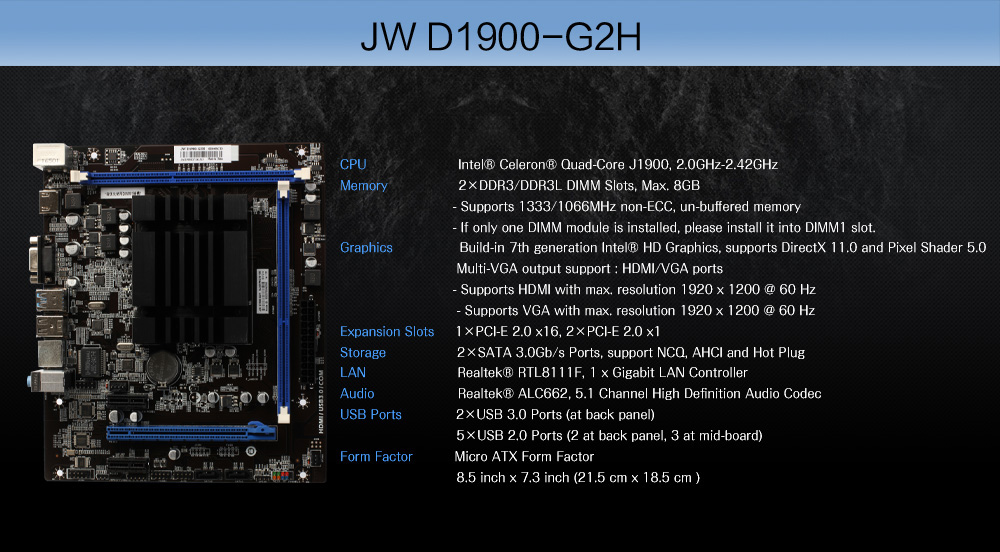 J&W D1900 Celeron J1900 DDR3 Desktop Motherboard