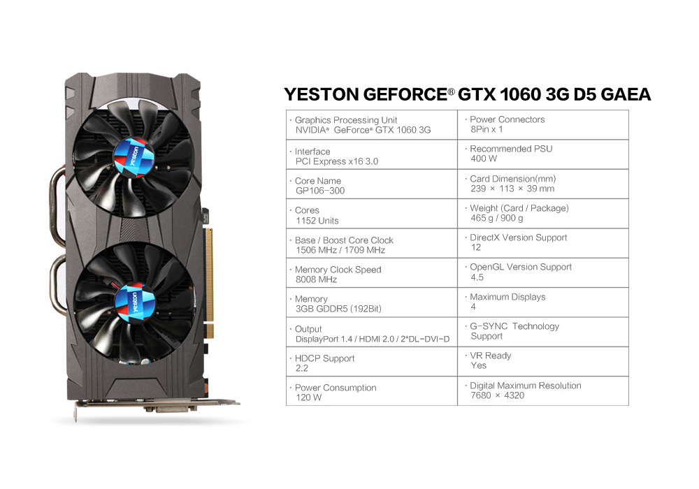 Yeston NVIDIA GTX1060 Gaming Graphics Card