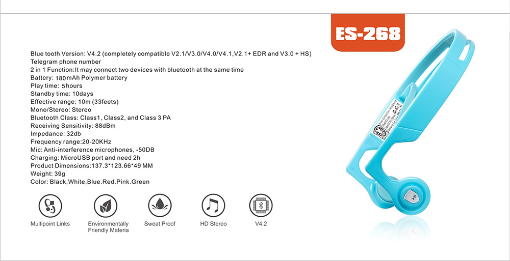 Bone Conduction ES-268 Headphones with Mic Black