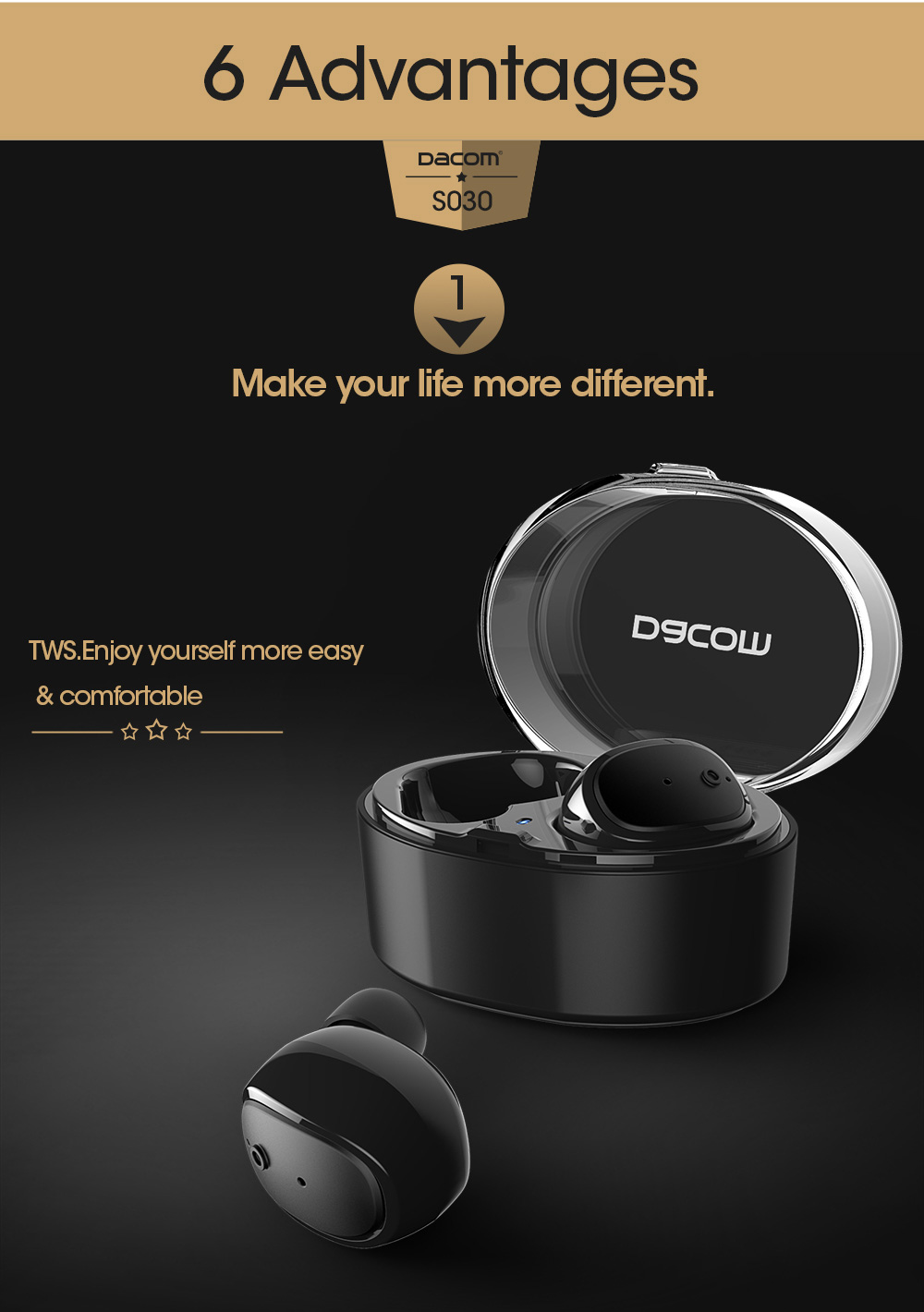 DACOM S030 TWS Wireless Bluetooth Headphones with Mic Black