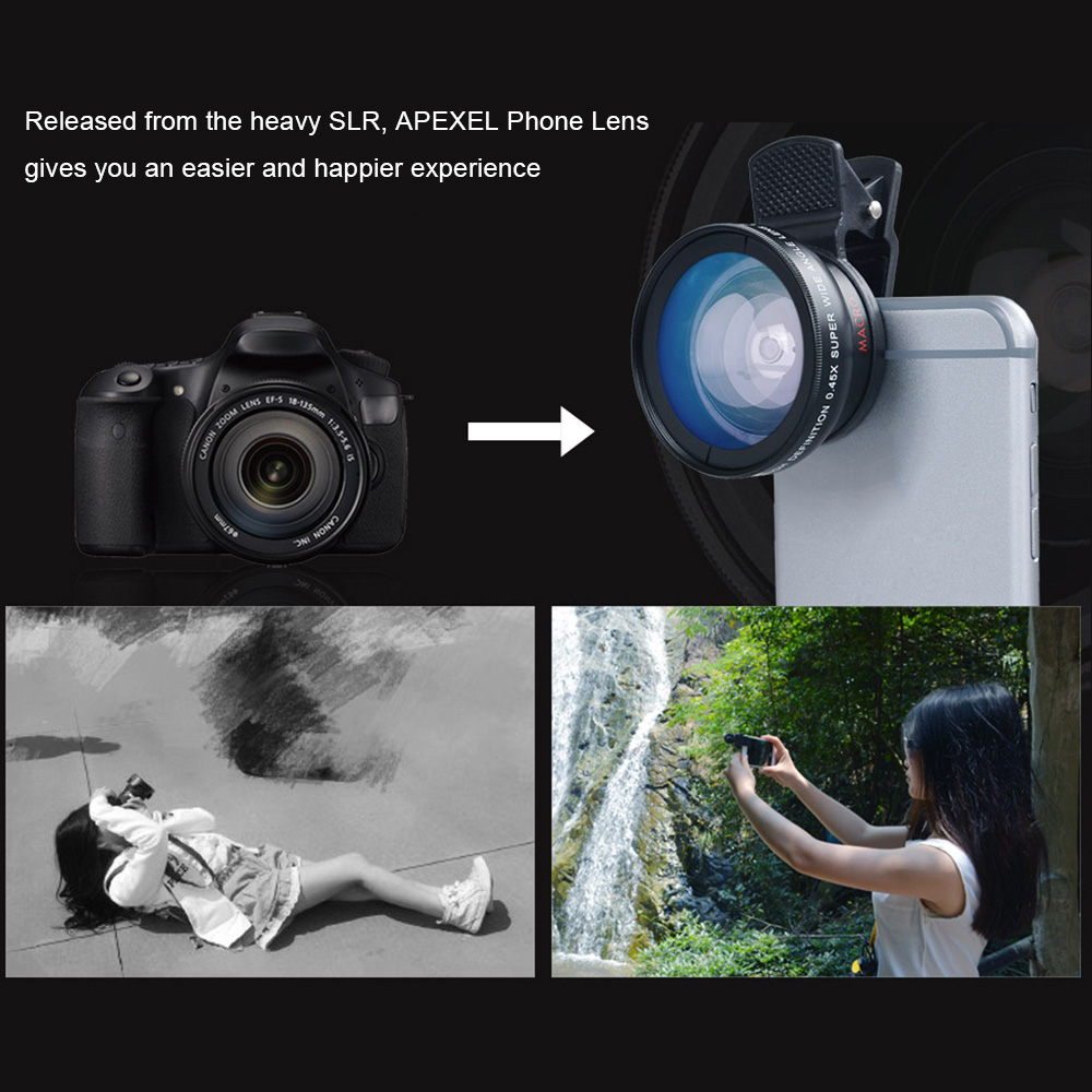 Apexel APL 0.45WM Wide Angle Macro Lens For Phones Camera Lens Black